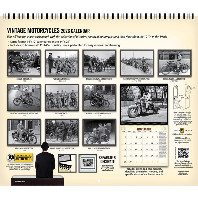2026 Vintage Motorcycles Deluxe Calendar 12"x14" - Asgard Press
